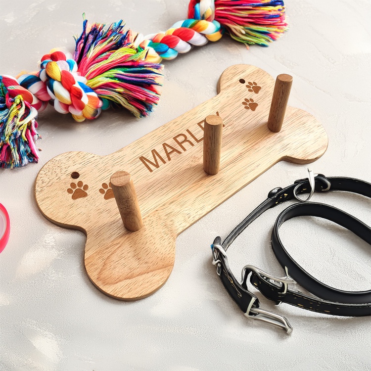 Personalised Dog Lead Wall Rack – Bone Shaped with 3 Hooks | Custom ...