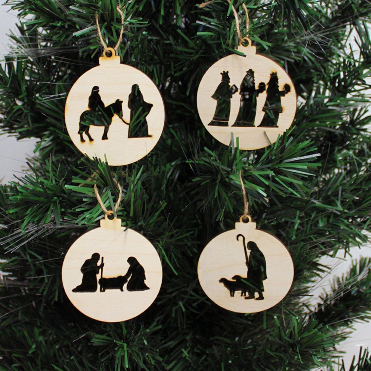 Nativity Baubles Set - 4 Wooden Christmas Ornaments 360 Lasers