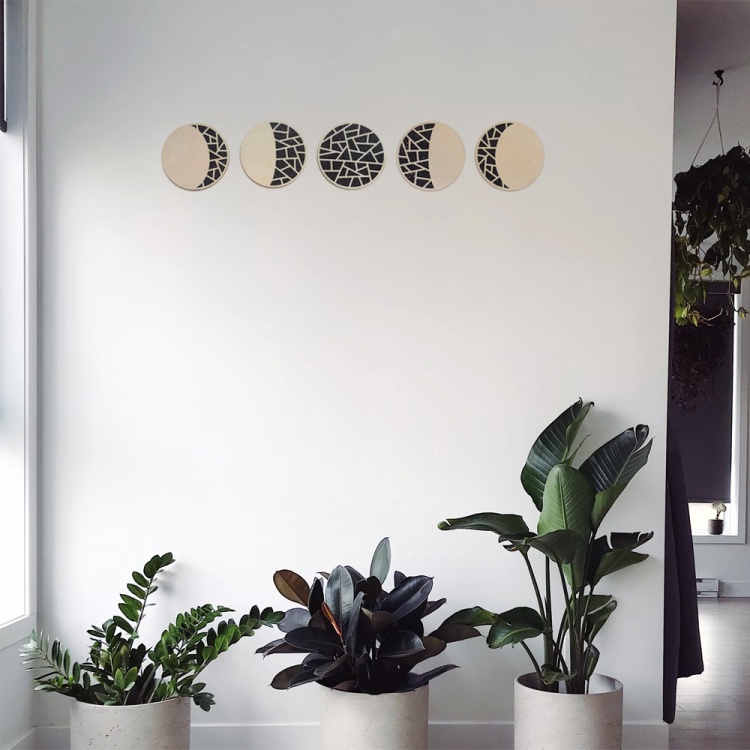 Phases of the Moon Wooden Wall Art – 5x Unpainted Plywood Moons 360 Lasers