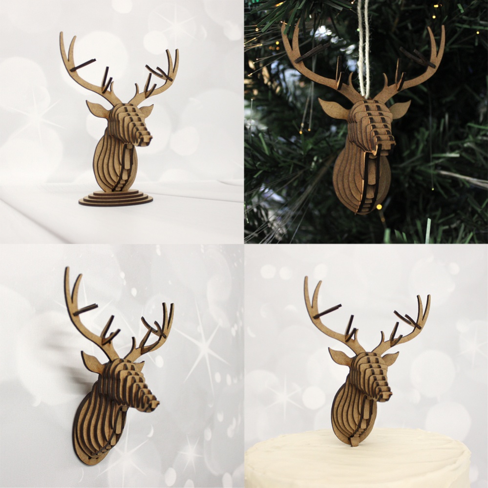 Mini Stag Head Bauble & Topper | 4-in-1 MDF Woodland Décor 360 Lasers