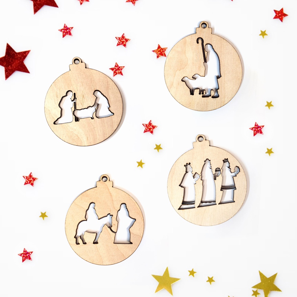 Nativity Baubles Set - 4 Wooden Christmas Ornaments 360 Lasers