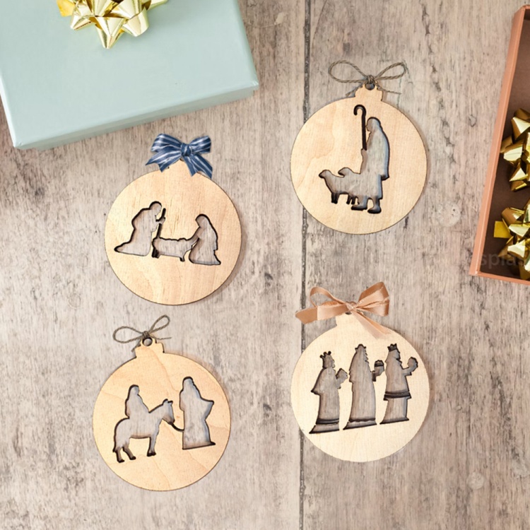 Nativity Baubles Set - 4 Wooden Christmas Ornaments 360 Lasers