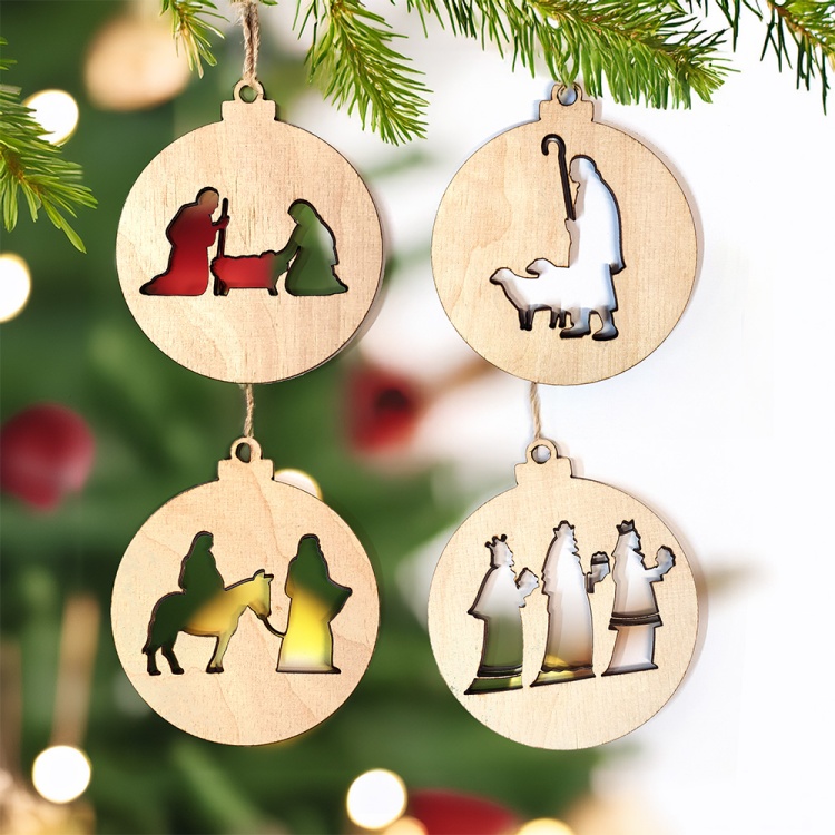 Nativity Baubles Set - 4 Wooden Christmas Ornaments 360 Lasers