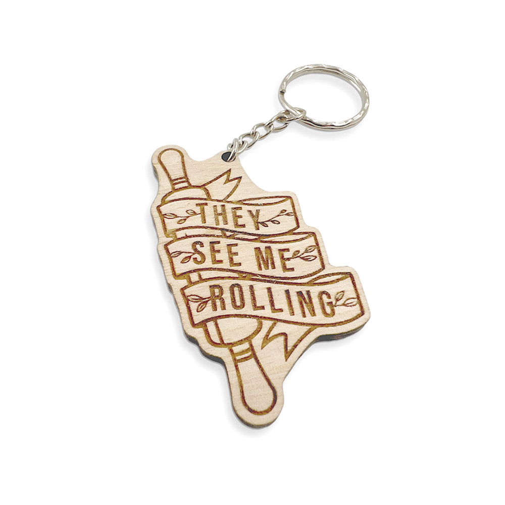"They See Me Rolling" Keyring | Ribbon & Rolling Pin Design 360 Lasers