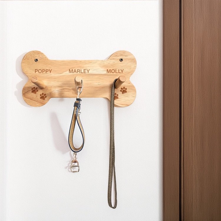 Personalised Dog Lead Wall Rack – Bone-Shaped Wooden Holder with Hooks ...