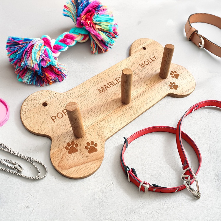 Personalised Dog Lead Wall Rack – Bone-Shaped Wooden Holder with Hooks ...