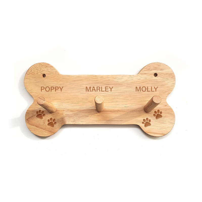 Personalised Dog Lead Wall Rack – Bone-Shaped Wooden Holder with Hooks ...