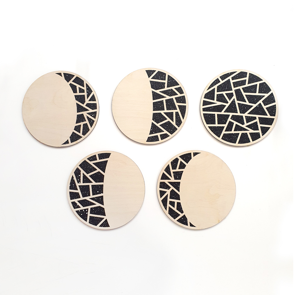 Phases of the Moon Wooden Wall Art – 5x Unpainted Plywood Moons 360 Lasers