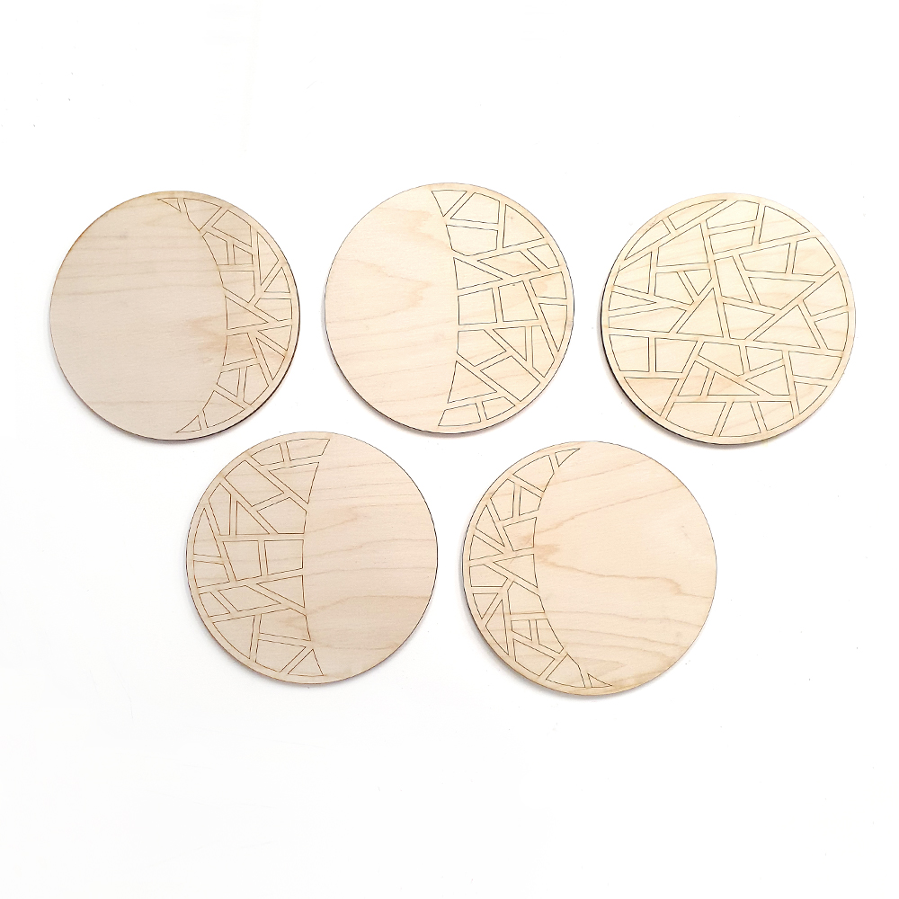 Phases of the Moon Wooden Wall Art – 5x Unpainted Plywood Moons 360 Lasers