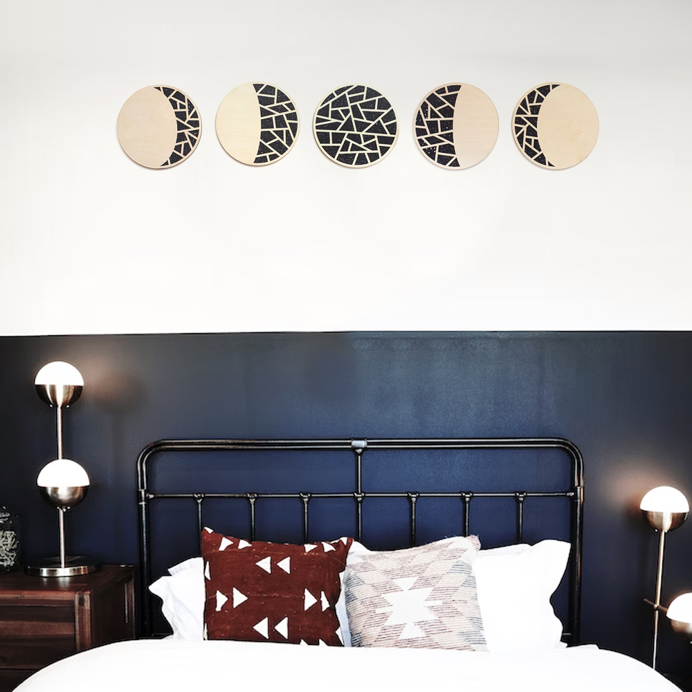 Phases of the Moon Wooden Wall Art – 5x Unpainted Plywood Moons 360 Lasers