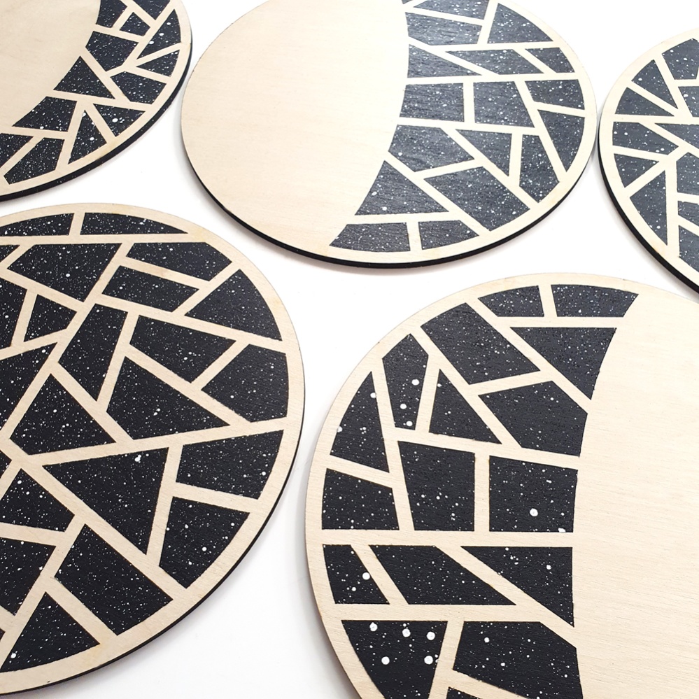 Phases of the Moon Wooden Wall Art – 5x Unpainted Plywood Moons 360 Lasers